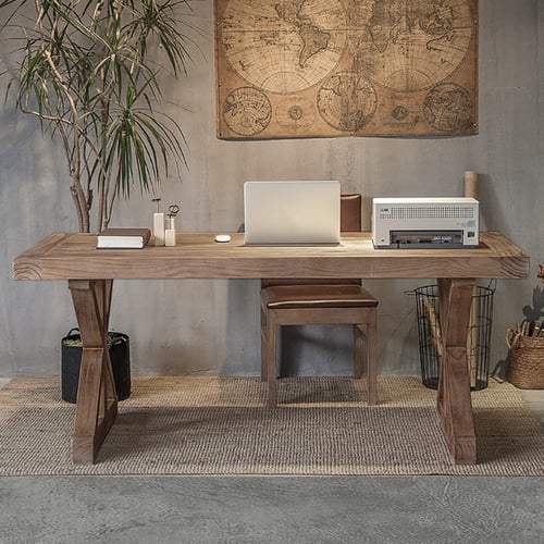 59.1" Rustic Farmhouse Wooden Office Desk in Natural with Trestle | Homary