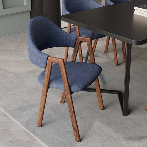 Blue Linen Upholstered Dining Chair Curved Back Chair Set of 2 | Homary