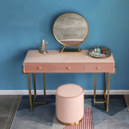 Pink Velvet Upholstered Makeup Vanity Table with Mirror Dressing Table ...