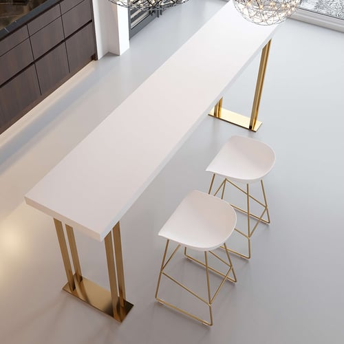 Hover 63" Modern White Rectangle Bar Table with Wood Top & Gold Sled ...