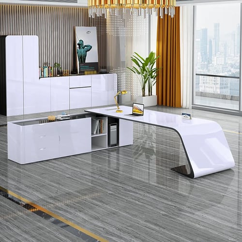 L-Shaped Left Hand Modern White Office Desk with Storage | Homary