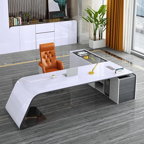 L-Shaped Left Hand Modern White Office Desk with Storage | Homary