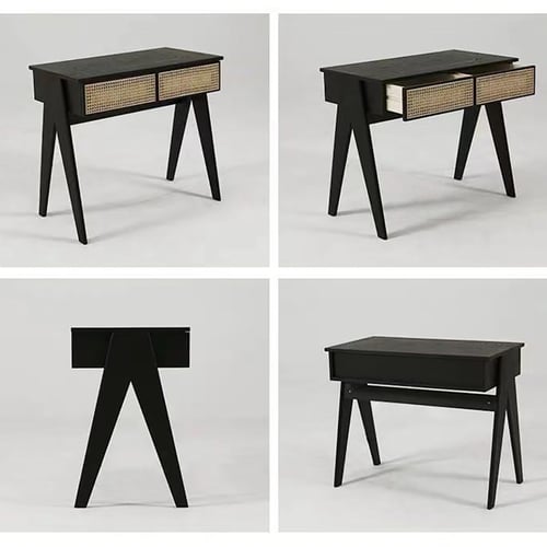 Mid-century Modern Black Rattan Desk Home Office Desk with Drawers ...