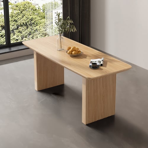 71" Japandi Rectangle Dining Table Natural Solid Wood Table for 8 Person Ribbed Leg | Homary