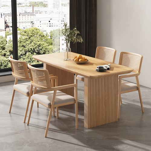 71" Japandi Rectangle Dining Table Natural Solid Wood Table for 8 Person Ribbed Leg | Homary