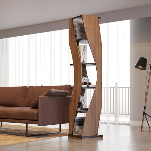 5-Tier Geometric Bookshelf Curved Shape Industrial Bookcase in Walnut ...
