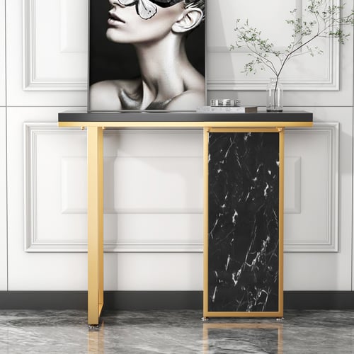1000mm Black Narrow Console Table Modern Rectangle with Wooden Top ...