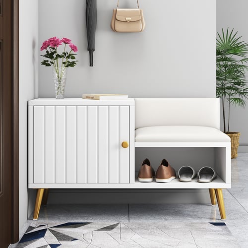 Yellar White Modern Upholstered Shoe Rack Bench with Storage Cabinet ...