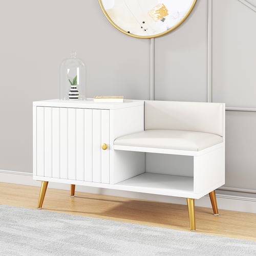 Yellar White Modern Upholstered Shoe Rack Bench with Storage Cabinet ...