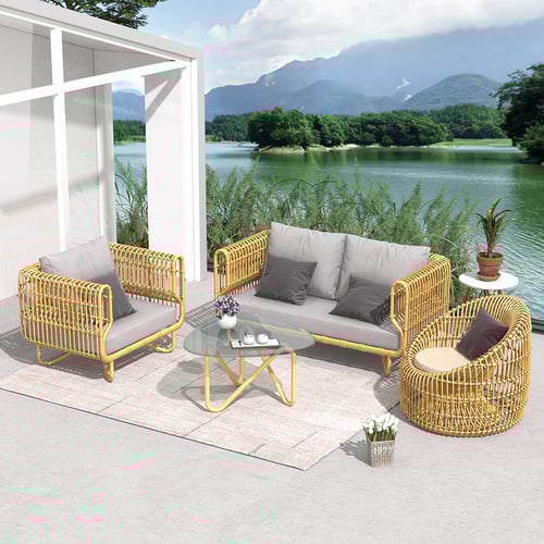 4 Pieces Rattan Outdoor Sofa Set with Glass Top Coffee Table and ...