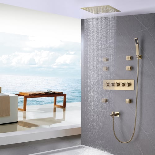 Ceiling-Mounted 16" Shower System in Brushed Gold 4-Function ...