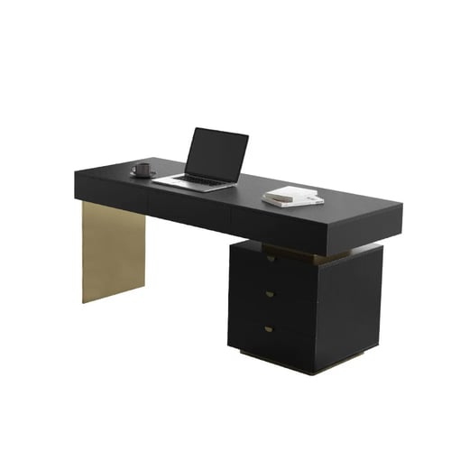 63" Modern Black Office Computer Desk with 6 Drawer & Gold Leg | Homary