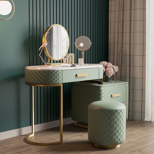 Green Makeup Vanity Set Expandable Dressing Table with Cabinet Mirror ...