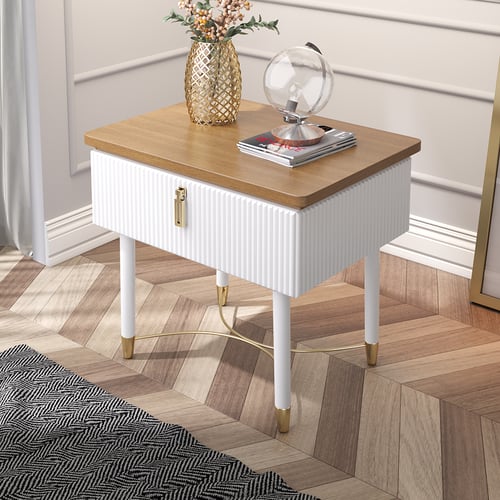 Modern White Bedside Table Wood Top Contemporary Wooden Nightstand with ...