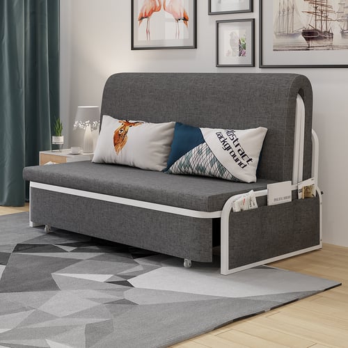 60" Modern Deep Gray Cotton Linen Upholstered Convertible Sofa Bed with ...