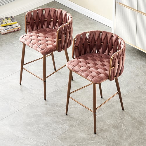 Modern Pink Velvet Counter Stools Set of 2 with Back & Footrest & Gold ...