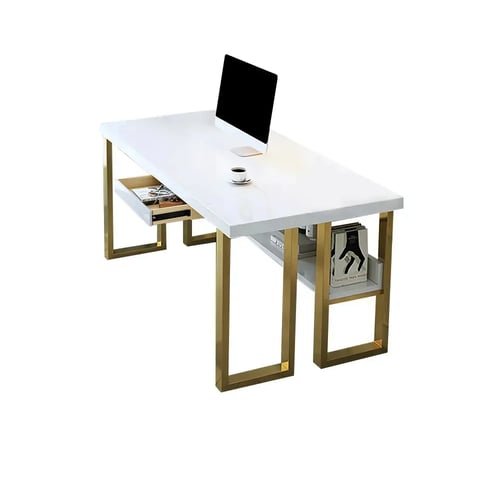 1000mm Modern White & Gold Rectangular Computer Desk with Drawer ...