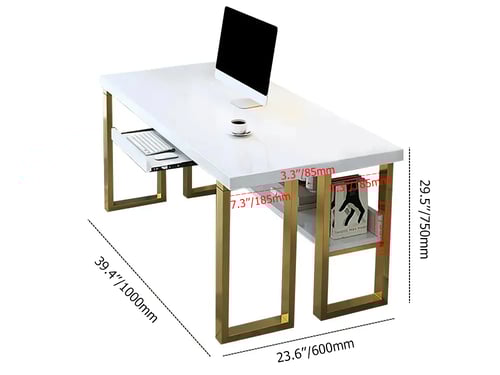 39" Modern White & Gold Rectangular Computer Desk with Keyboard Tray ...