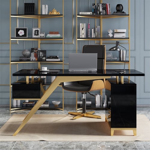 Hungled 71" Modern Black and Gold Office Wooden Executive Desk with ...