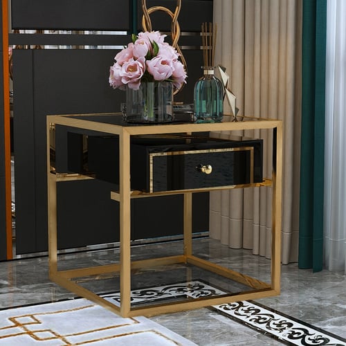 Modern Luxurious Black Square Side Table 1 Drawer End Table Stainless ...