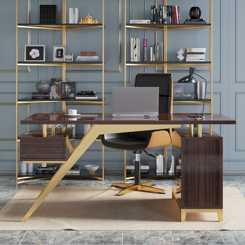 Hungled 55" Modern Sandalwood and Gold Computer Writing Desk with ...