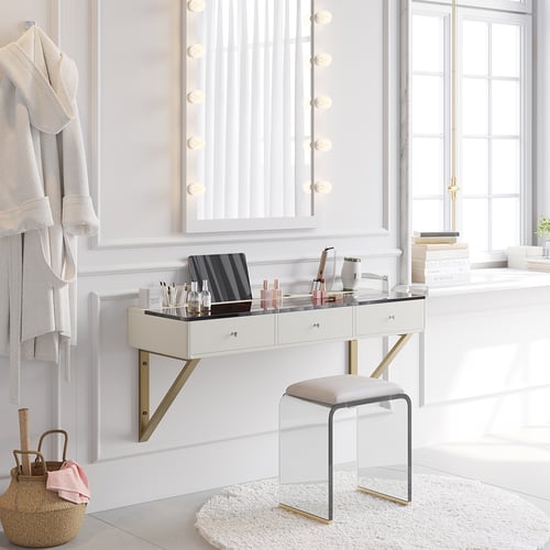 Modern Floating Makeup Vanity Tempered Glass Top Wall Mounted Beauty ...