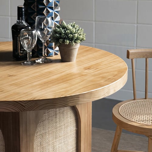 39" Farmhouse Round Cane Dining Table for 4 Pine Wood Top Natural | Homary