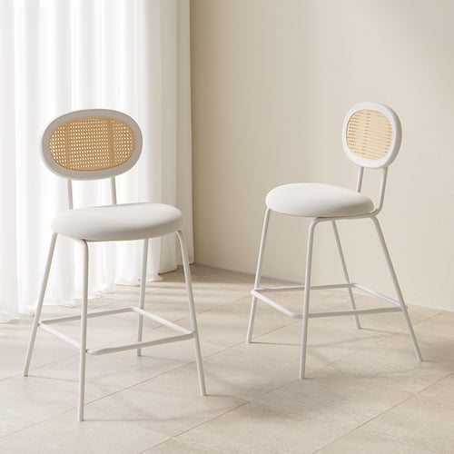 White Velvet Counter Height Stools (Set of 2) with Rattan Back for ...