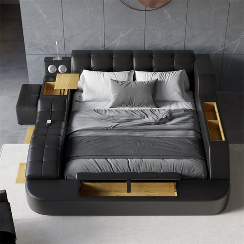 Black Smart Bed King Size Tufted Platform Bed with Massage, Storage ...