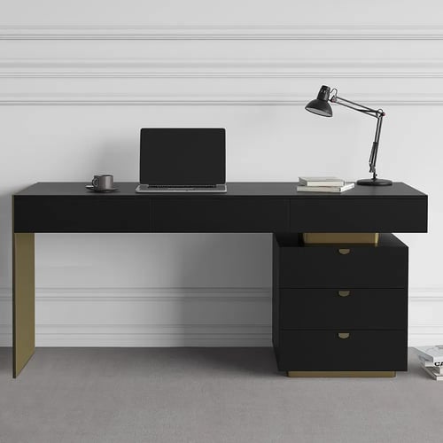 63" Modern Black Office Computer Desk with 6 Drawer & Gold Leg | Homary