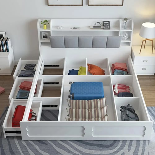 Modern White Storage Queen Bed Low Profile Queen Bed with 3 Drawers ...