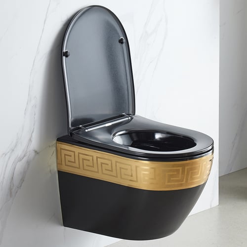 Luxury Round Wall-Mount Toilet Rimless Flushing Ceramic in Black & Gold ...