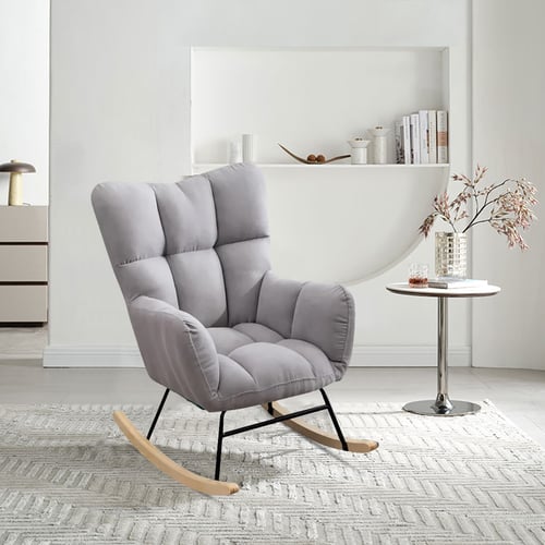 Modern Gray Rocking Accent Chair Cotton & Linen Tufted Upholstery | Homary