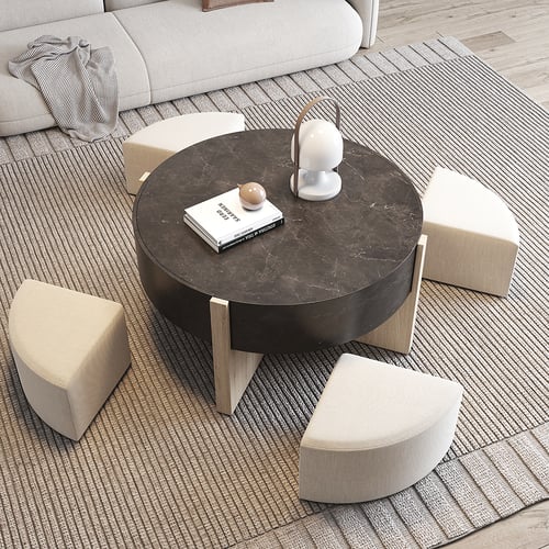 Round Nesting Coffee Table with 4 Stool & 2 Drawers in Distressed Gray ...