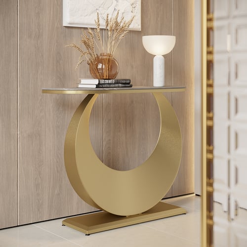 39.4" Narrow Console Table Gray Sintered Stone Entryway Table with Half ...