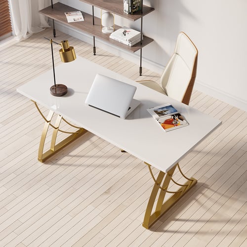 63" Modern White Wooden Computer Desk Rectangular Office Desk with Gold ...