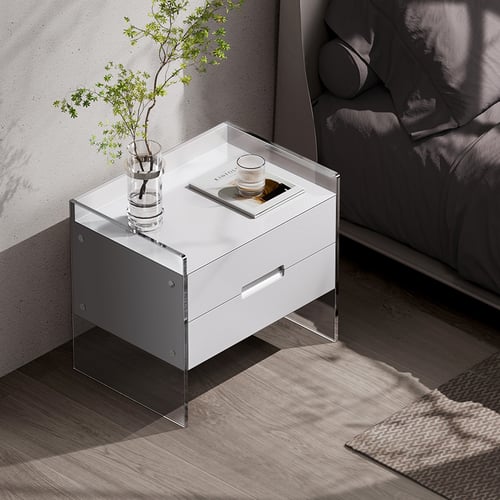 Modern Floating White Nightstand Acrylic Bedside Table with 2 Drawers | Homary
