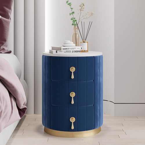 Blue Velvet Nightstand with Storage Sintered Stone Top Round Nightstand ...