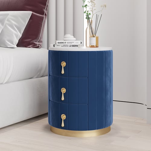 Blue Velvet Nightstand with Storage Sintered Stone Top Round Nightstand ...
