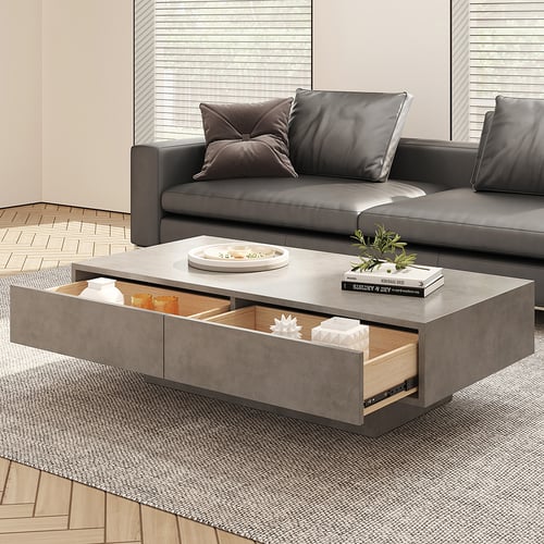 Japandi Rectangle Concrete Gray Coffee Table with 2 Drawers & Open ...
