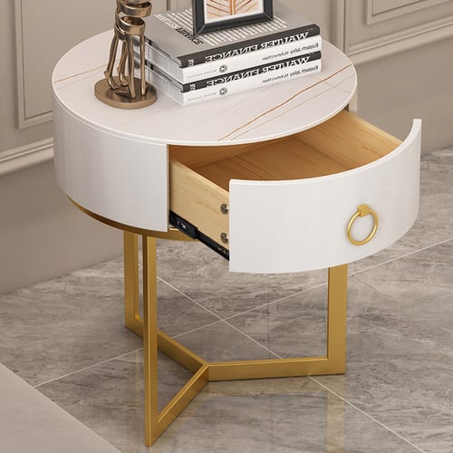 Round White Bedside Table with 1 Drawer Modern Bedside Table with Gold ...