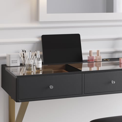 Modern Floating Black Makeup Vanity Tempered Glass Top Wall Mounted Beauty Station | Homary