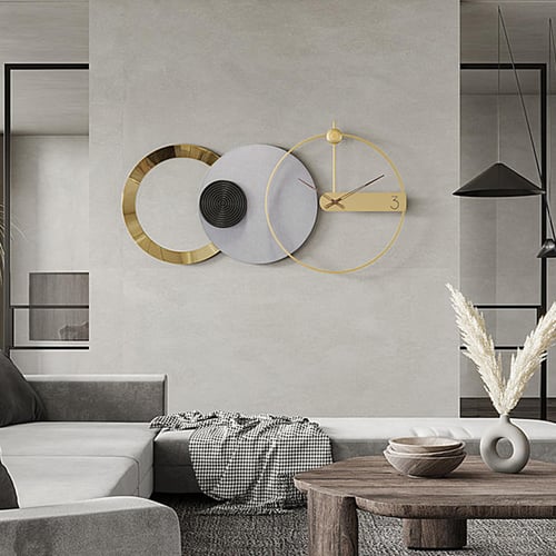 840mm x 450mm Large Round Grey & Gold Wall Clock with Wood Pointer ...