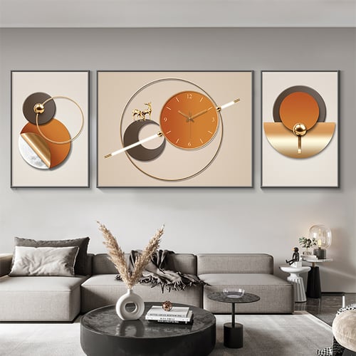 3Pcs Geometric Wall Clock Decor Set Modern Canvas Painting Wall Art ...