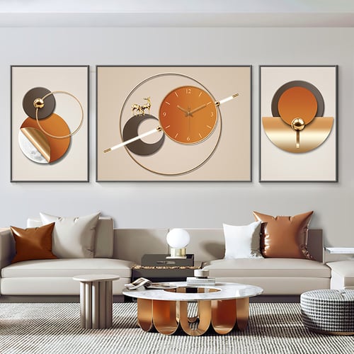 3Pcs Geometric Wall Clock Decor Set Modern Canvas Painting Wall Art ...