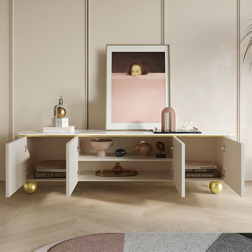 Modern Off White TV Stand Wood 4 Doors with 2 Shelves Media Console for ...