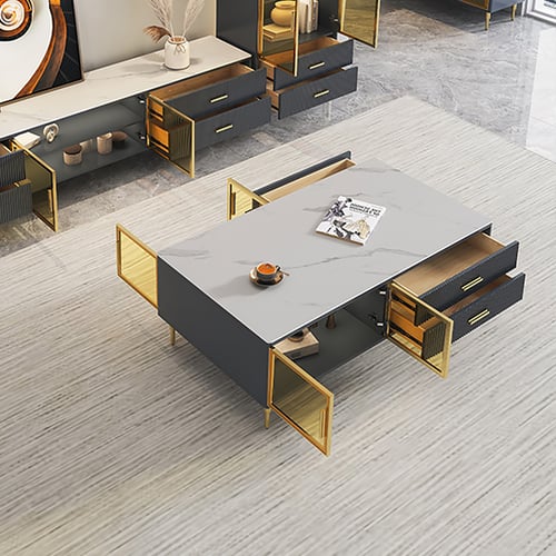 Cofab Modern Blue Coffee Table with 2 Glass Door Storage & 4 Drawers ...