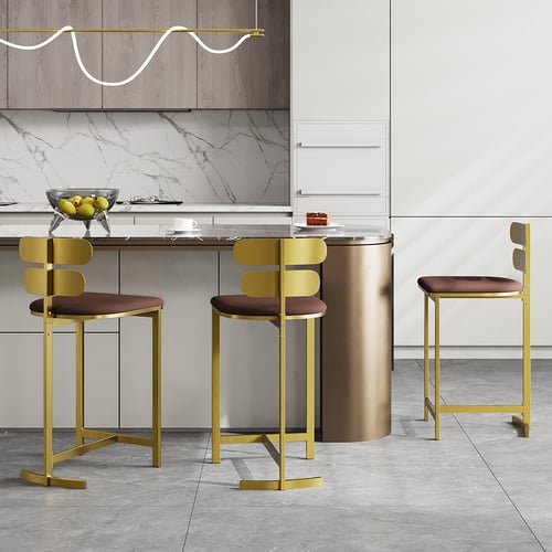 Modern PU Leather Brown Counter Stool with Back Kitchen Chair with Gold ...