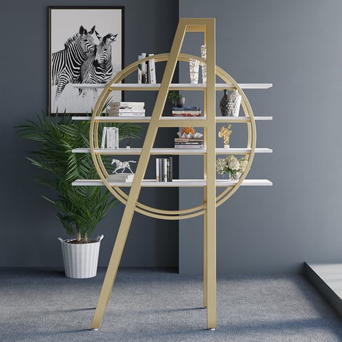 4-Tier Round Open Bookshelf White Display Shelf Gold Frame | Homary