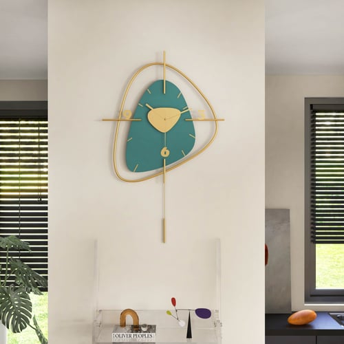 Dark Green & Gold Creative Scandinavian Wall Clock Metal Pendulum Mute ...